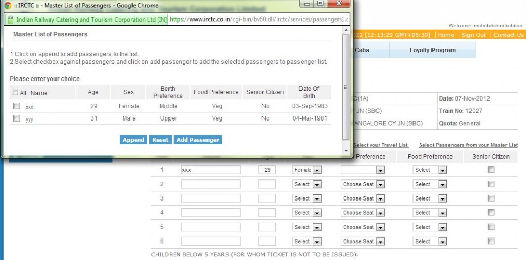 Populate passenger names using Travel and Master Lists in IRCTC to book ...